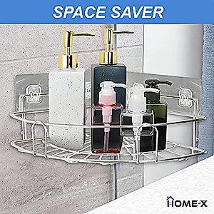 Home-X Stainless-Steel Corner Shelves for Shower Wall, in-Shower Organizer, Adhesive Shower Corner Shelves, Set of 2, 8 ¾” L x 8 ¾” W x 3 ¼” H, Stainless Steel