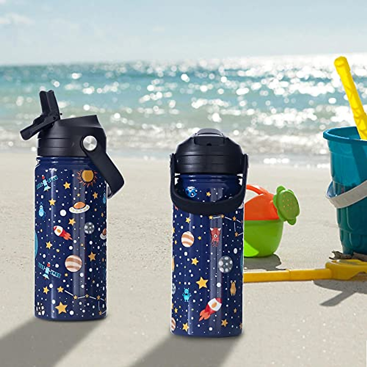 HOMMBENM Kids Space Water Bottles With Straw Lids Stainless Steel Vacuum Insulated Double WallWide Mouth Water Bottles for School Boys，Girls （Space,16oz）