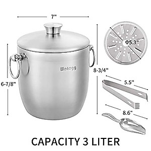 Ice Bucket with Lid, Scoop, Tongs and Strainer - Well Made Insulated Stainless Steel Keep Ice Frozen Longer - Ideal for Cocktail Bar, Parties, Chilling Wine, Champagne - 3 Liter (Stainless Steel)