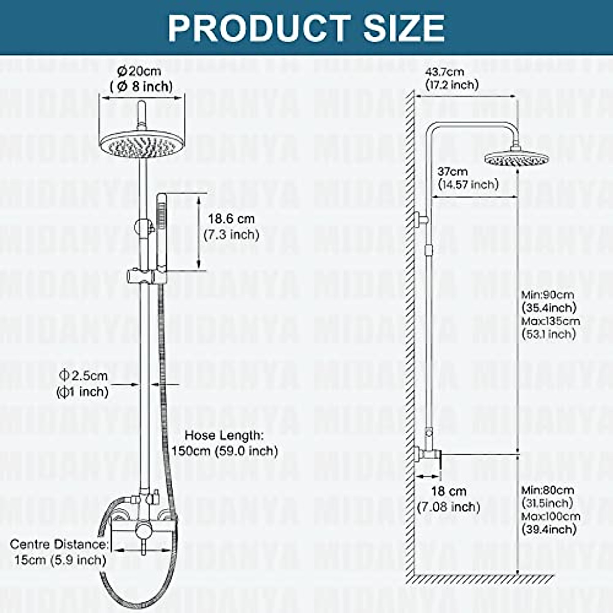 Outdoor Shower Fixture Set Matte Black SUS 304 Stainless Steel 8 Inch Rainfall Shower Head with Cylinder Handheld Spray Wall Mount Adjustable Slide Bar One Handle Shower Faucet