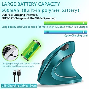 Mcpiwohy Ergonomic Mouse, Optical Vertical Mouse Rechargeable USB Mouse 2.4GHz Wireless Mouse with 6 Buttons,3 Adjustable 1200/1600/2400 DPI for Laptop, Desktop, PC, MacBook (Blue)