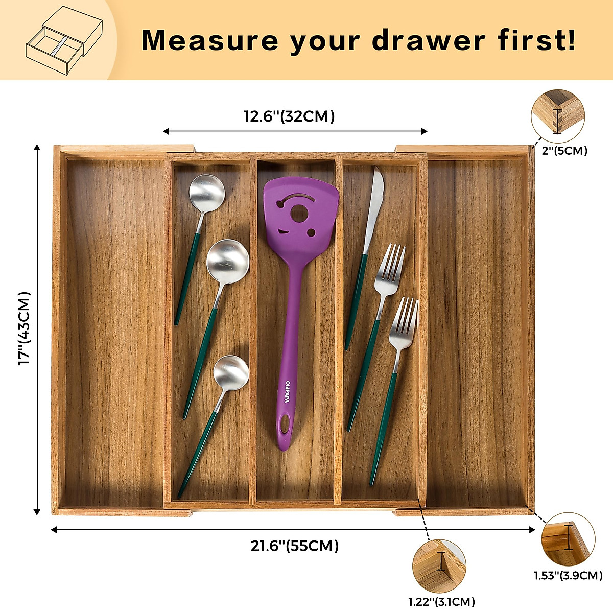 Utoplike Acacia Kitchen Drawer Organizer Expandable, Large Utensils and Cutlery Tray, Adjustable Silverware Divider for Knives Flatware