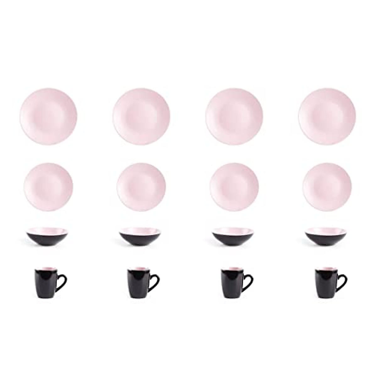 HomeVss Stoneware Two-Tone Colors Life 16pc Dinner Set，Outside Shiny Black + Inside Matte Glaze Rose