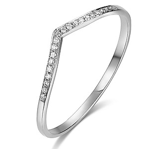 HAFEEZ CENTER 14K Gold Moissanite Rings for Women Moissanite Wedding Band 2mm V Shape Chevron Curved Moissanite Stacking Rings for Women (White-Gold, 9)