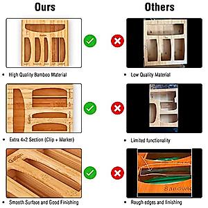 More2Store Ziplock Bag Storage Organizer Bamboo 6 in 1 Food Baggie Dispenser for Kitchen Drawer - Compatible with Gallon, Quart, Sandwich, Snack, Clip, and Marker