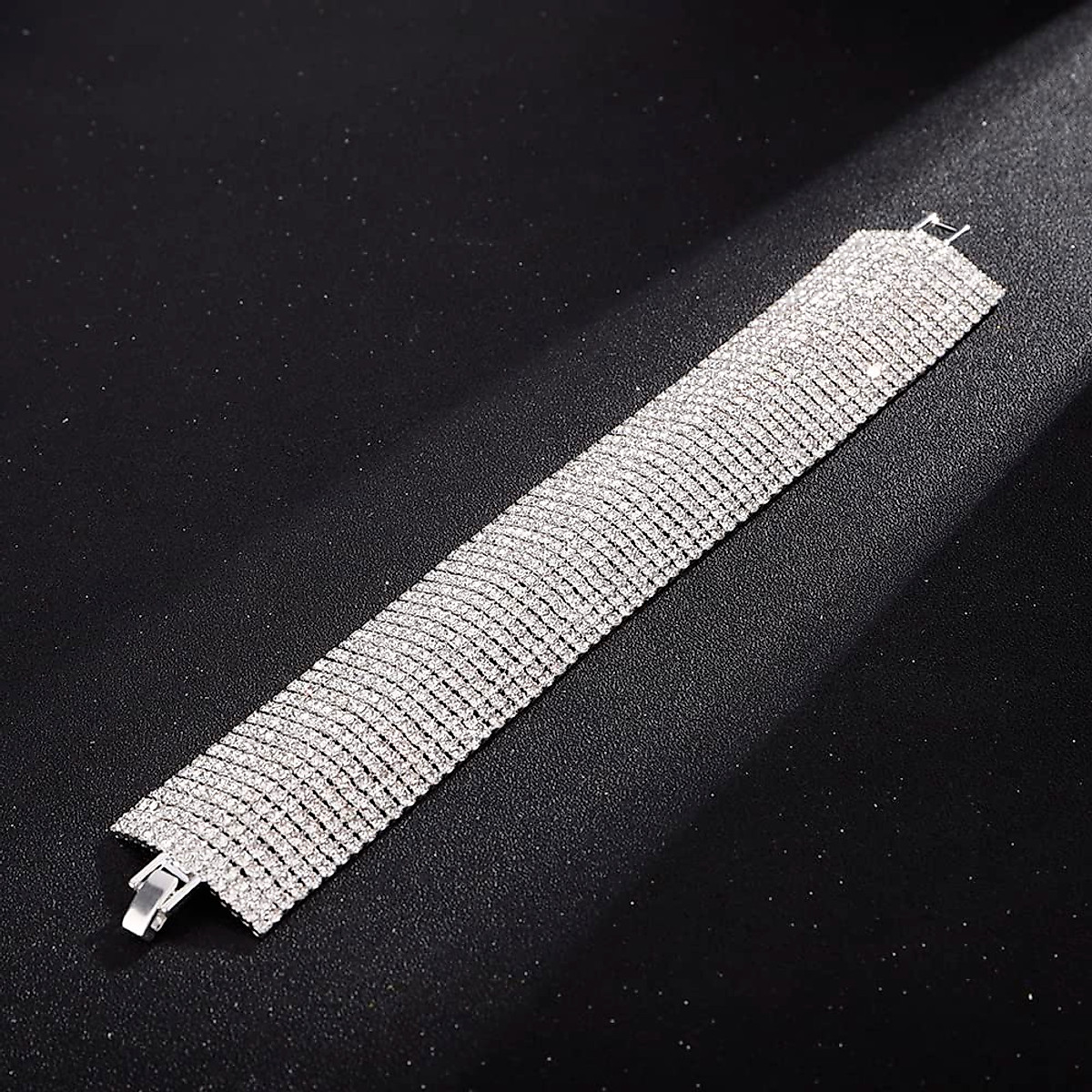 Denifery Crystal Rhinestones Cluster Wide Bangle Bracelet Rhinestone Stackable Stretch Bracelets for Women (Silver)