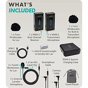 Movo WMX-2 Wireless Camera Microphone with Charging Case - Lavalier Mic for DSLR Cameras, Vlogging, Content Creation, Filmmaking