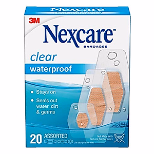 Nexcare Waterproof Bandages, Stays on in the Pool, Holds for 12 Hours, Clear Bandages for Fingers and Elbows - 20 Pack Waterproof Bandages