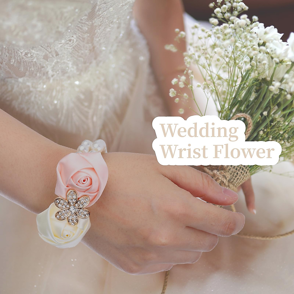 AUNMAS 2pcs Wedding Wrist Corsage, Girl Bridesmaid Groomsmen Hand Flower Faux Pearl Bead Corsage, Flower Bracelet Wedding Prom Party Decorations (White+)