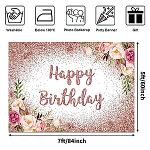 Avezano Rose Gold Birthday Backdrop for Girls Women Happy Birthday Party Photography Background Blush Pink Floral Rose Gold Glitters Confetti Bday Decoration Photoshoot Banner (7x5ft)