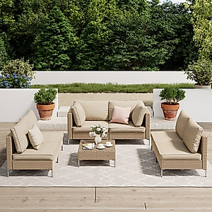 DIFY Outdoor Furniture Patio Set 7 Pieces Wicker Rattan Conversation Set with Thickened Cushions and Coffee Table, Sectional Sofa Set for Porch Deck Garden, Oak