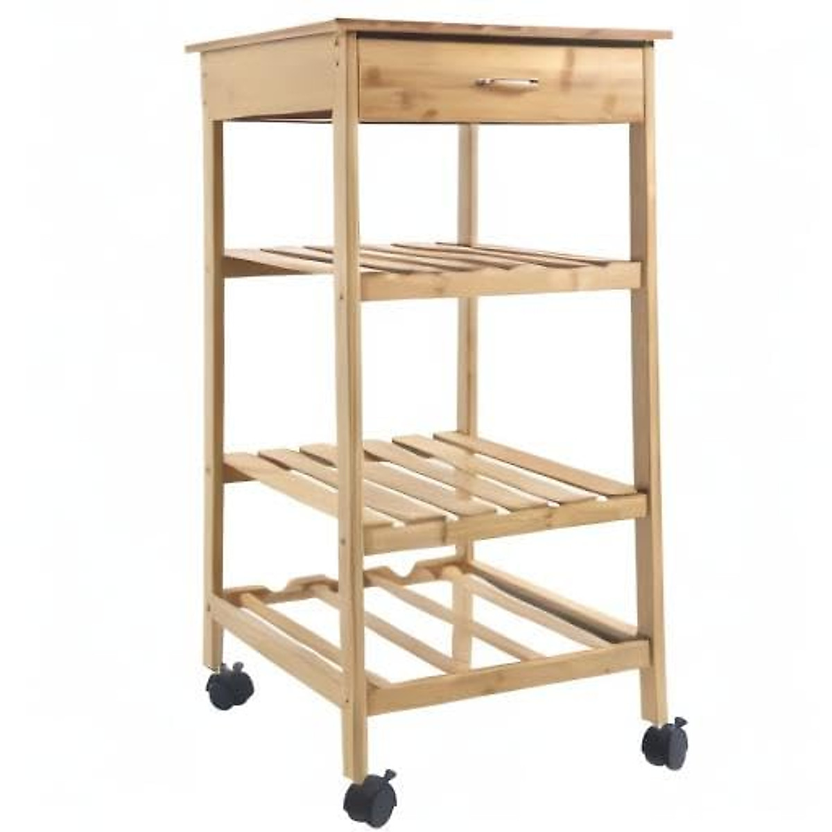 Redmon Bamboo Multi Shelf Kitchen Trolley, Three Open Shelves, Slide Drawer, Locking Castors, Wine Bottle Holder, 15.25 Inch Width x 15.25 Inch Depth x 31.50 Inch Height