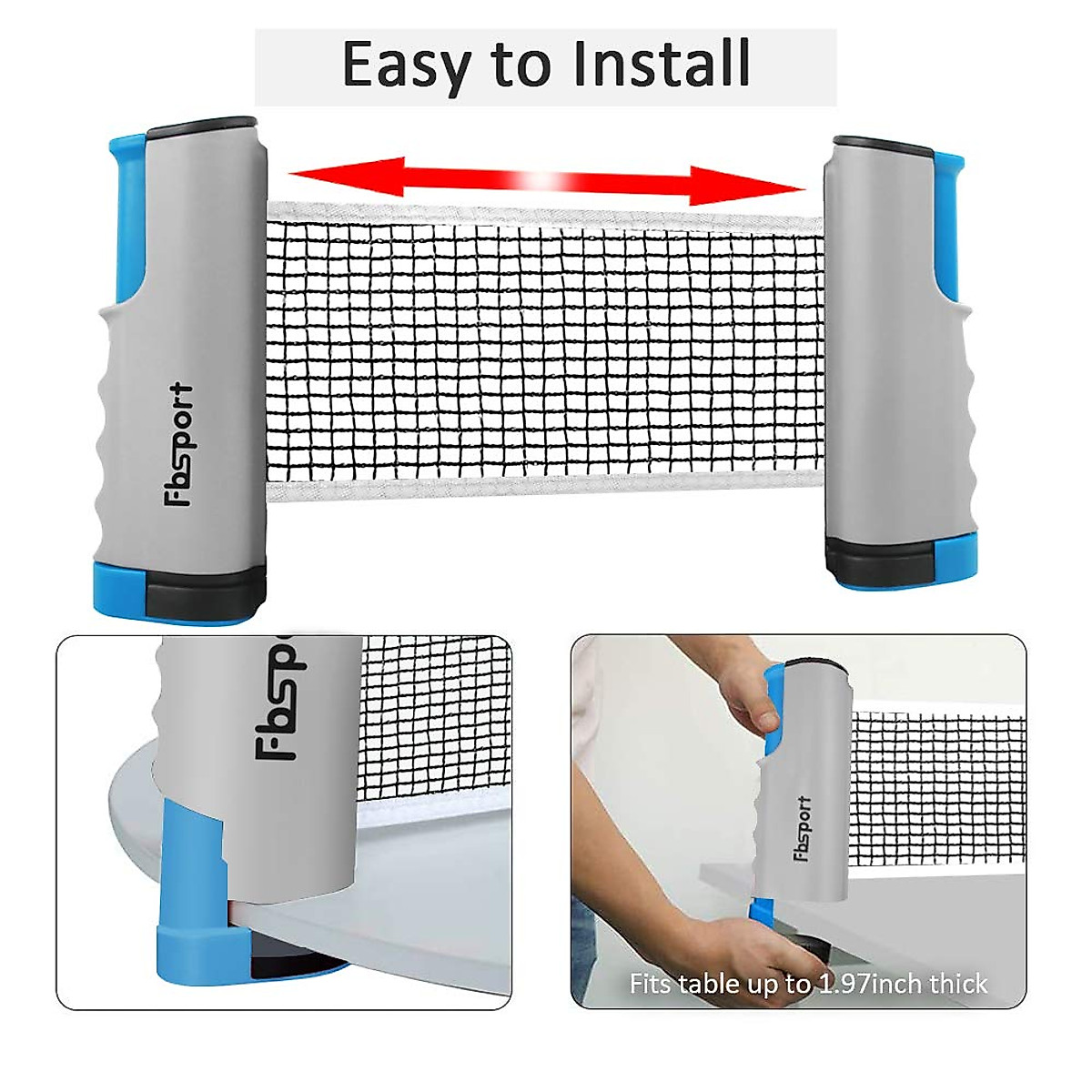 FBSPORT Ping Pong Paddle Set, Portable Table Tennis Set with Retractable Net, 2 Rackets, 6 Balls and Carry Bag for Children Adult Indoor/Outdoor Games, Gray