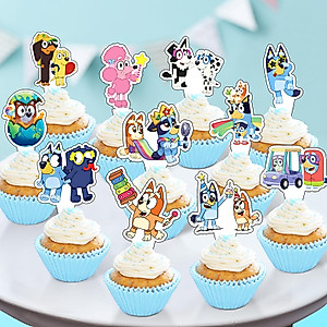 30PCS Blue Dog Cake Cupcake Topper Decorations Cartoon Dog Happy Birthday Party Supplies for Kids Party Favors