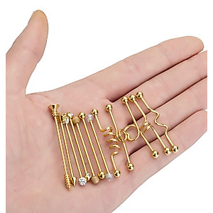 Masedy 12Pcs 14G 316L Stainless Steel Industrial Barbell Earrings for Women Men Cartilage Helix Piercing Gold