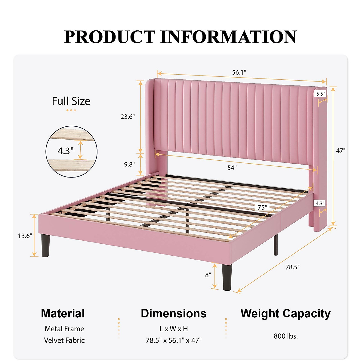 SHA CERLIN Full Size Velvet Bed Frame with Vertical Channel Tufted Wingback Headboard, Upholstered Platform Bed with Wood Slats, No Box Spring Needed, Easy Assembly, Pink