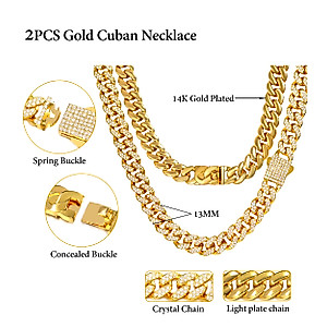 DLSIXNCO 2PCS Cuban Link Chain for Men Women Miami Cuban Link Chain Necklace Gold Silver Plated Bling Diamond Chain Trendy Choker Chain Necklaces Jewelry for Men (Gold, 16inch+18inch)