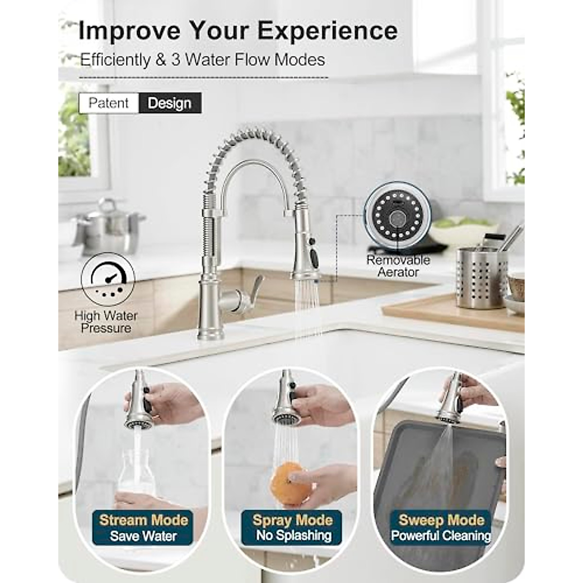 HOIGY 3 Mode 360 Degree Swivel Stainless Steel Faucet for Kitchen Sink, 1 Handle Kitchen Sink Faucet with Deck Plate, Brass Deck Mount Waterfall Bathtub Faucet Set High Flow Widespread 6-16 Inch