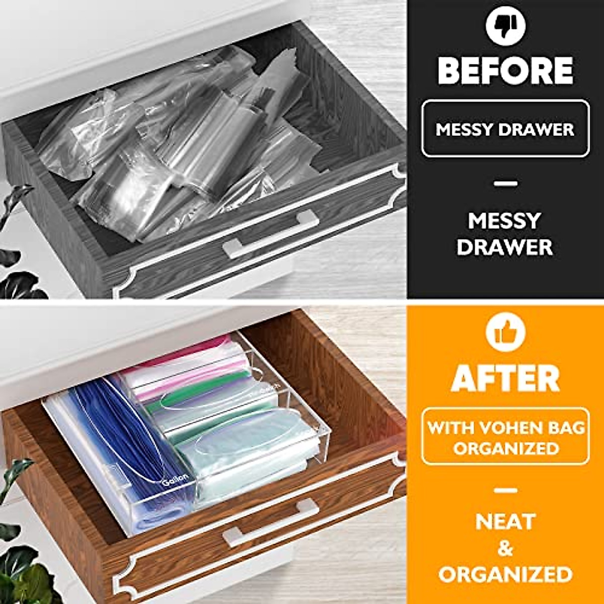 Vonhen Ziplock Bag Storage Organizer - Acrylic Kitchen Drawer Baggie Organizer Box for Gallon, Quart, Sandwich and Snack, Compatible with Ziploc, Solimo, Hefty, Glad Bags Variety Size