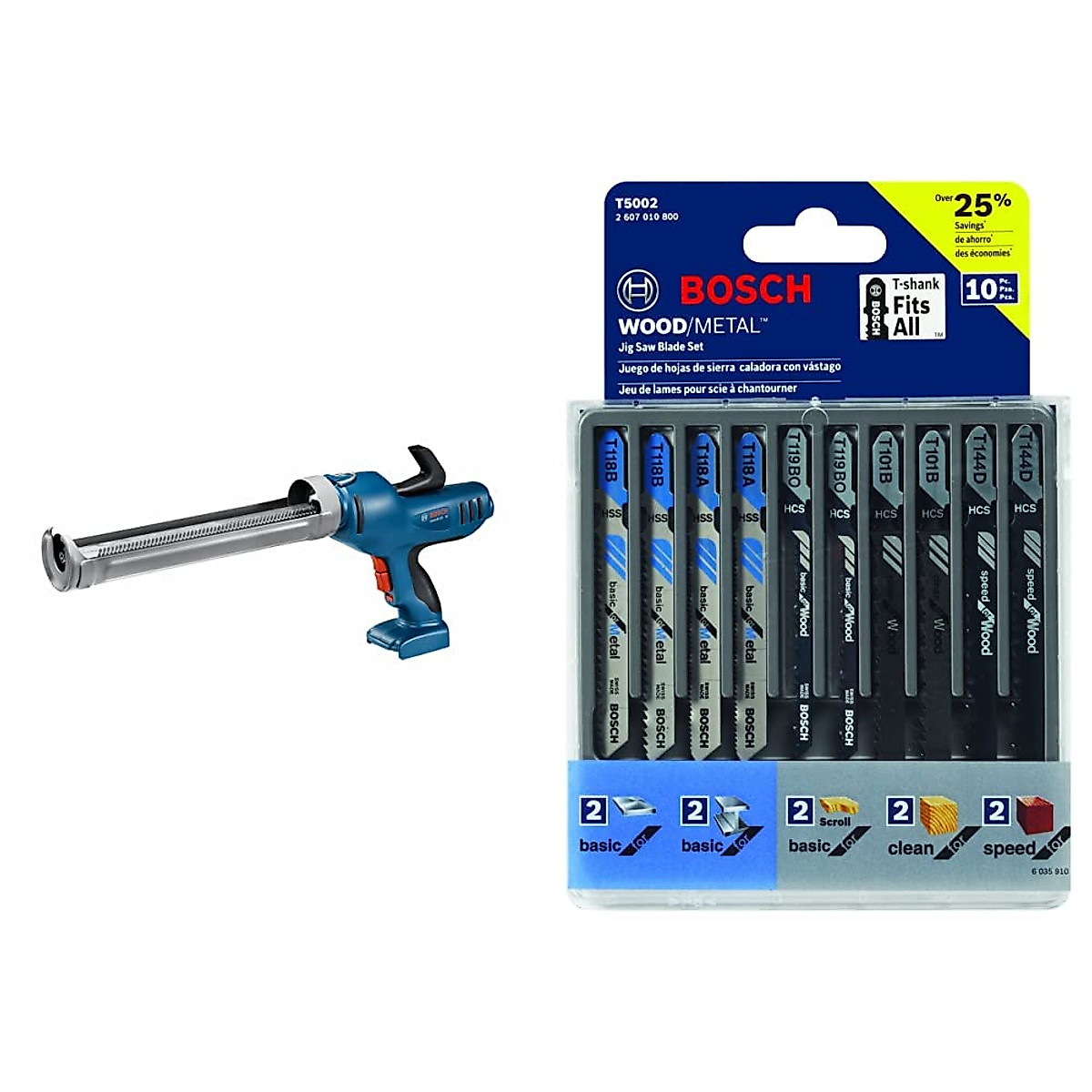 BOSCH GCG18V-29N 18V Caulk and Adhesive Gun (Bare Tool)&BOSCH T5002 T-Shank Multi-Purpose Jigsaw Blades, 10 Piece, Assorted, Jig Saw Blade Set for Cutting Wood and Metal
