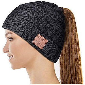Bluetooth Beanie Hat for Women - Stocking Stuffer Gifts for Women Ponytail Cap, Upgraded Bluetooth 5.0 Winter Warm Hat Wireless Headphones with HD Stereo Speakers Built-in Microphone, for Girls.