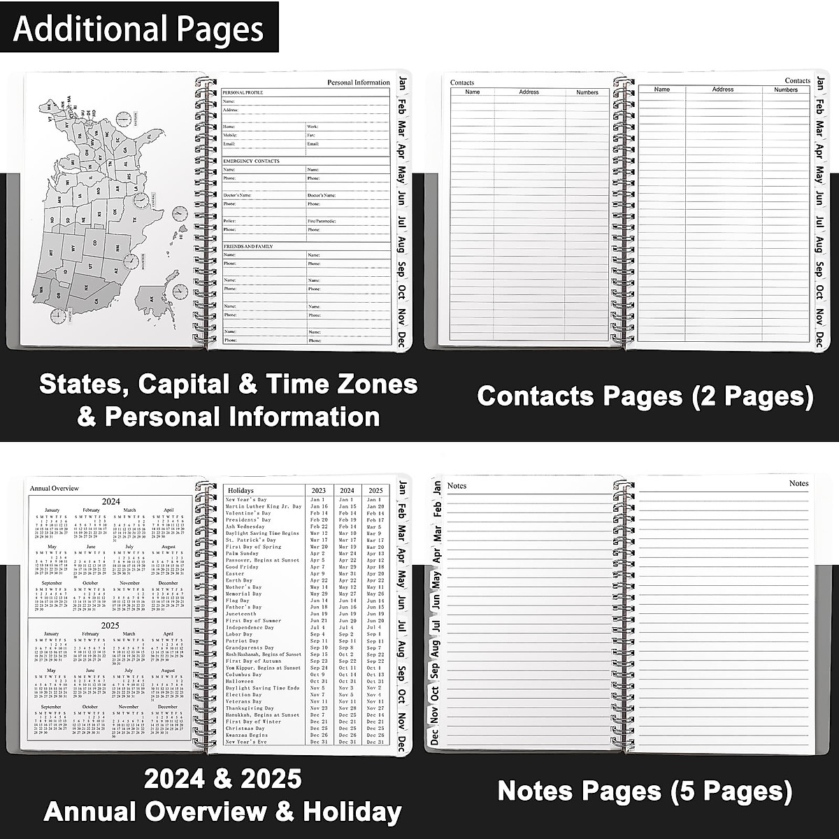 Veiai 2024 Planner,January - December, Wirebound,Weekly and Monthly with Monthly Tabs Planner, Frosted Cover,6.5"x8.5", Twin-Wire Binding Calendar Notebook (Black)