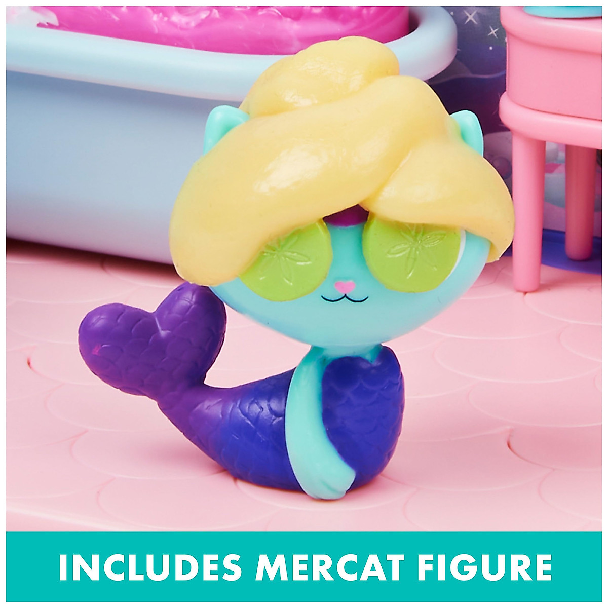 Gabby’s Dollhouse, Primp and Pamper Bathroom with Mercat Figure, 3 Accessories, 3 Furniture and 2 Deliveries, Kids Toys for Ages 3 and up