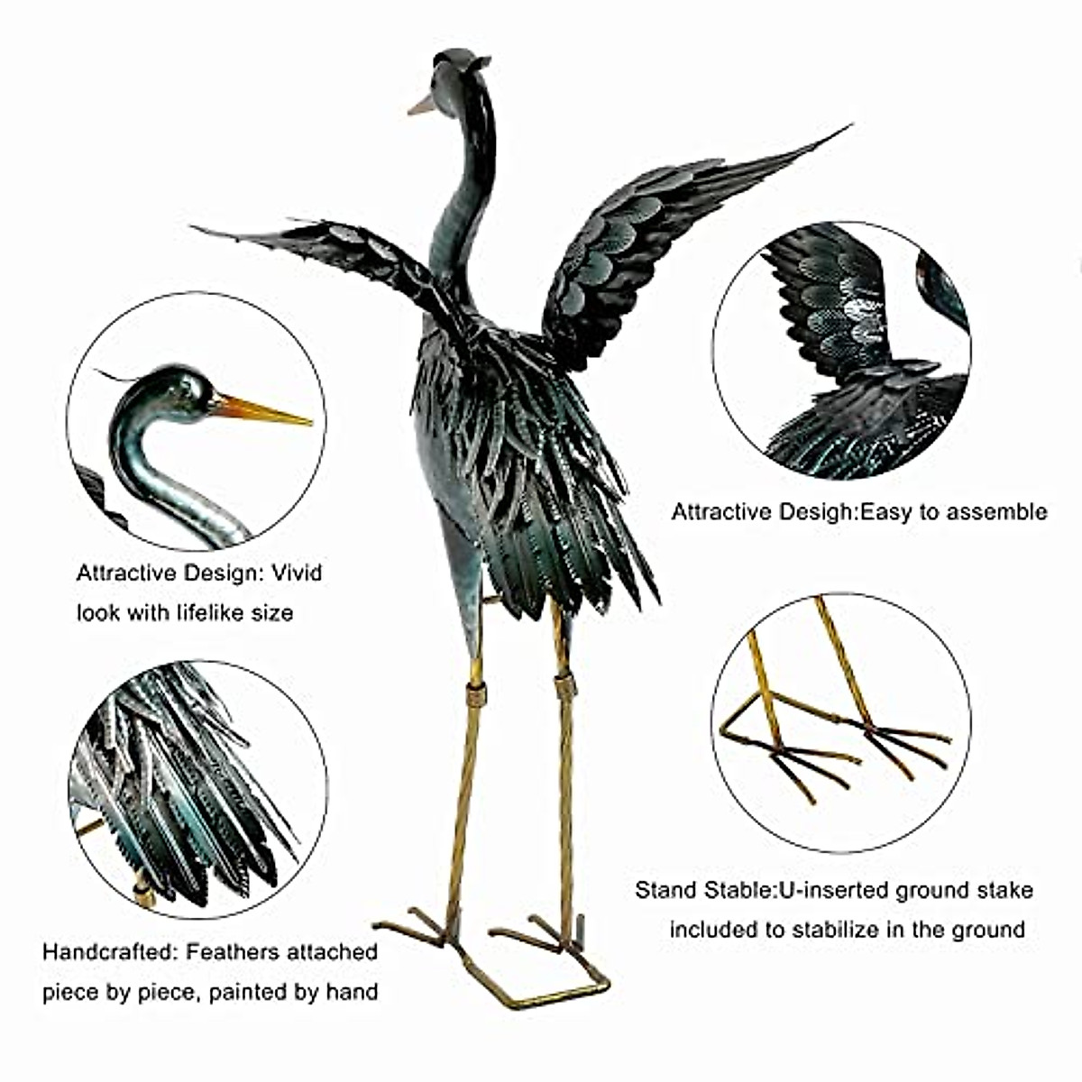chisheen Crane Garden Statue Sculpture, Metal Heron Outdoor Decor, Yard Art Bird Decoy for Backyard Pond Patio Porch Lawn Decorations