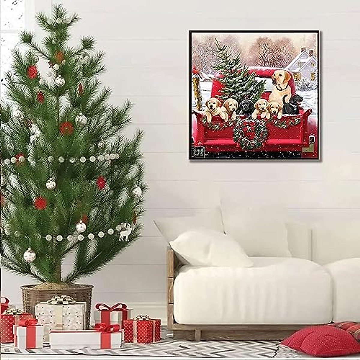 Christmas Truck Stamped Cross Stitch Kits - Dog Counted Cross Stitch Kits for Beginners Adults Needlepoint Cross-Stitch Patterns Dimensions Needlecrafts Embroidery Kits Arts and Crafts