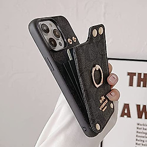 Luxury Wallet Case with Designed Leather and Card Holder, 360°Rotation Ring Kickstand, RFID Blocking Protective for Apple iPhone 13 Pro Max 6.7''（Black）