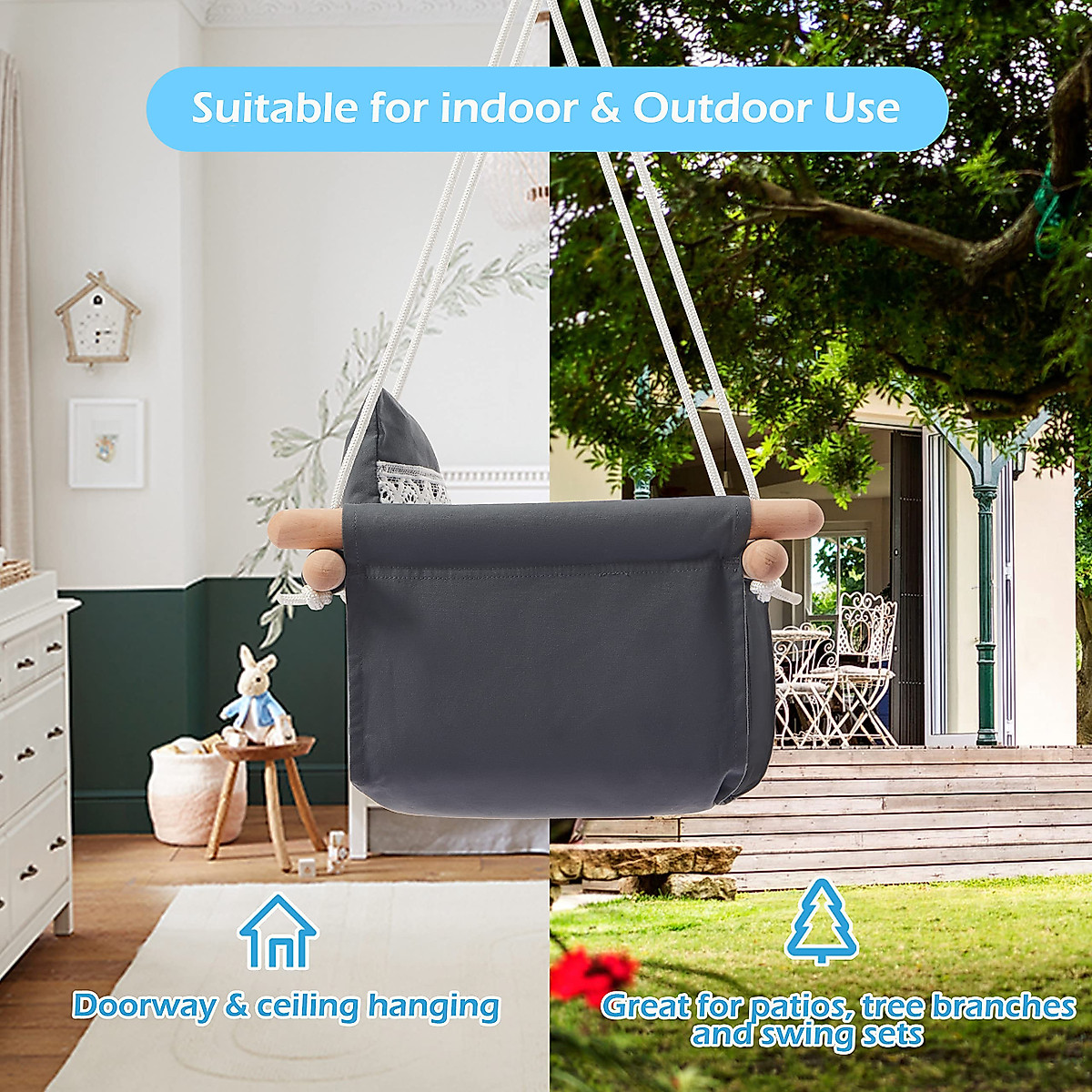 Secure Baby Swing Seat with Safety Belt - Baby Canvas and Wooden Swing Chair with Lace Décor Cushion - Hanging Indoor Swing for Infants & Baby Swing Outdoor - Tree Toddler Swing for Backyard Outside