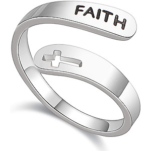 Haoze Inspirational Gifts for Women Stainless Steel Silver Cross Faith Ring Open Statement Rings For Women(Faith)