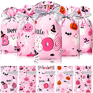 Yeaqee 50 Pcs Pink Halloween Baby Shower Bags Little Boo Plastic Halloween Bags Pink Halloween Drawstring Bag Bulk Little Boo Candy Treat Bags Bulk for Pink Halloween Birthday Party Favors Supplies