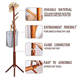 FILWH Premium Bamboo Coat Rack Tree with 8 Hooks, 3 Adjustable Sizes Free Standing Wooden Coat Rack, Super Easy Assembly Hallway, Entryway Coat Hanger Stand for Clothes Suits