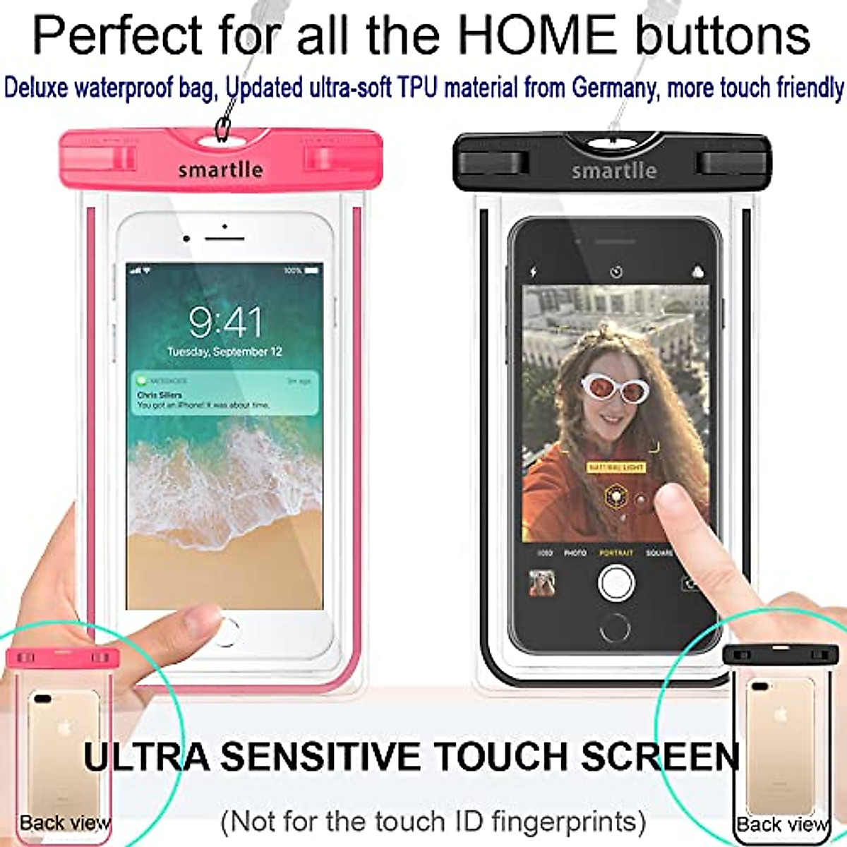 smartlle Universal Waterproof Phone Pouch Holder, Large Phone Waterproof Case Underwater Dry Bag for iPhone 13 12 11 Pro Max XR,XS, 8,7,6 Plus,SE, Galaxy S22/A/Note, LG,7”, Beach Water Pool -2 Pack