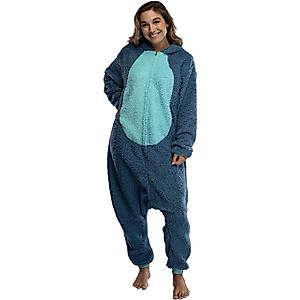 Disney Lilo & Stitch Adult Stitch Kigurumi Cosplay Costume Sherpa Union Suit Pajama Outfit (S/M) Blue