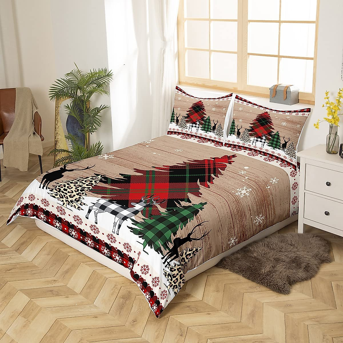 Kids Christmas Duvet Cover Set Queen Size,Deer Pine Snowflake Bedding Set,Girls Boys Adults Room/Xmas Cabin Decor,Brown Wooden Plank Comforter Cover,Rustic Farmhouse Quilt Cover,3pcs,2 pillowcases