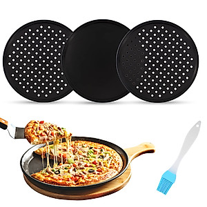 3PC Nonstick Pizza Tray for Oven, TWUTGAYW Cast Iron Pizza Pans With Holes 12.5 in, Pizza Serving Tray, Carbon Steel with Non Stick Surface, Round Pizza Tray Baking Pizza Set for Home Kitchen Oven Use