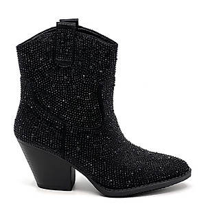 FOREVER Women Rhinestone Block Chunky Heel Ankle Bootie River-01 Black 8.5