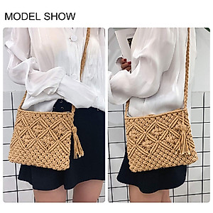 WOG2008 Women Summer Straw Crossbody Bags Woven Chain Fringed Small Square Purses Stylish Tassel Beach Handbag