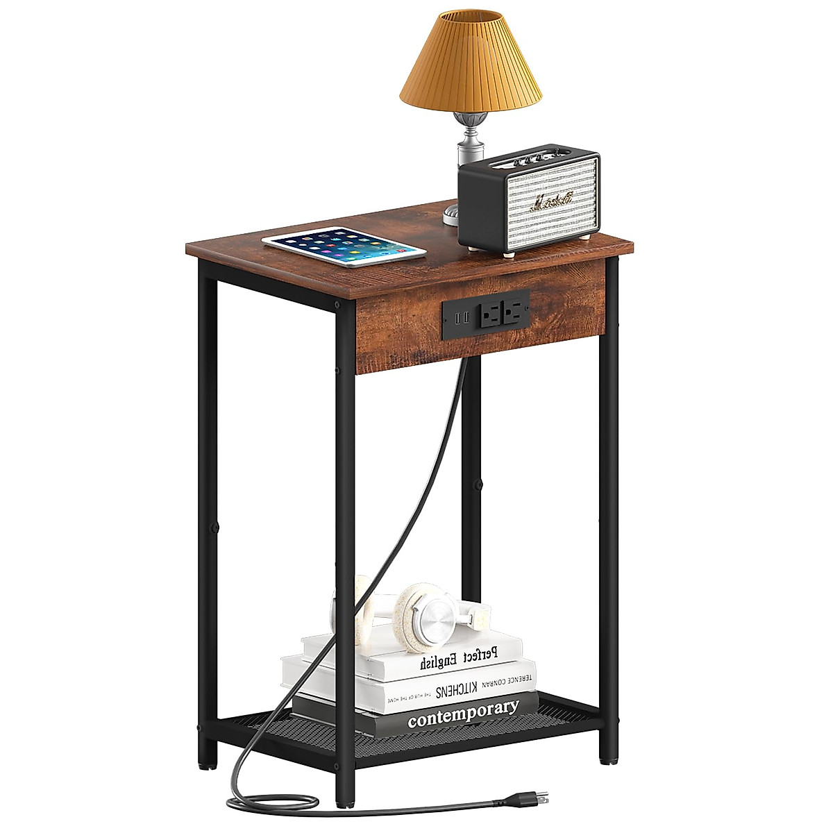 Yoobure Side Table with Charging Station, End Tables Living Room, Industrial 2 Tier Nightstand with USB Ports, Rustic Narrow Small Table with Storage Shelf for Bedroom, Office, Small Spaces