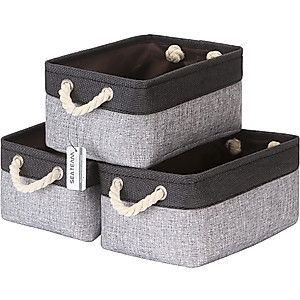 Sea Team 3-Pack Small Storage Basket Set, Storage Cube Organizer, Storage Bins, 12 x 8 x 5 Inches, Rectangle Canvas Fabric Collapsible Shelf Box with Handles for Kids Room (Grey/Black)