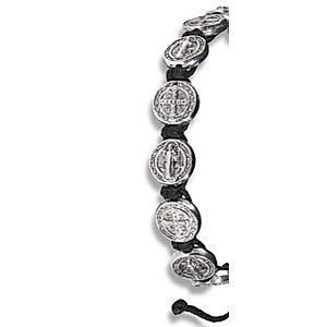 CB Silver Tone Saint Benedict Medal on Adjustable Black Cord Wrist Bracelet, 8 Inch, Pack of 5