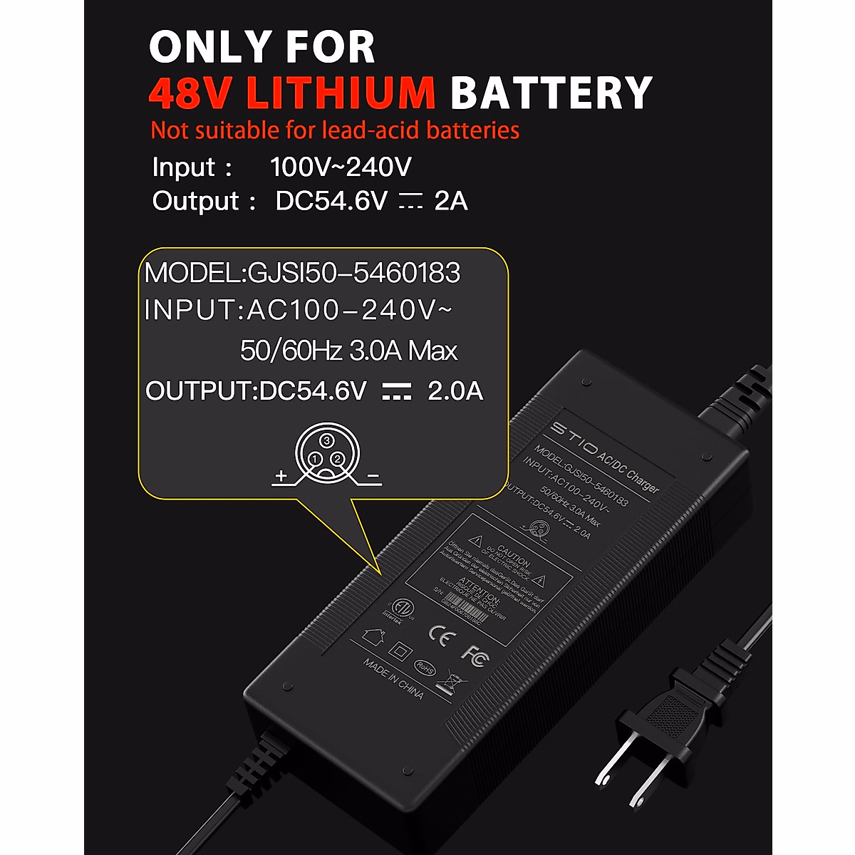 54.6V 2A Electric Bike Charger for 48V Ecotric Bike/Lectric XP/Evercross H5, 3Prong GX16/DC 5.5x2.5mm/XLR/IEC/RCA Connector Power Supply Adapter for 48V Lithium Battery