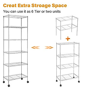 Devo Shelves for Storage Rolling Wire Rack, Shelf with Wheels Shelving Units and Storage, Metal Standing Shelves, 21" L * 11" W * 63" H, Silver
