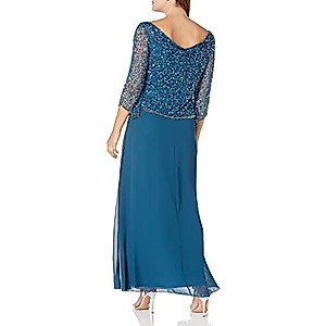 J Kara Women's Long Beaded Dress with Cowl Neck, Teal/Mercury, 18