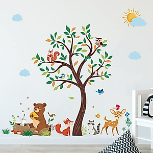 wondever Forest Animals Tree Wall Stickers Bear Deer Peel and Stick Wall Art Decals for Baby Nursery Kids Bedroom Playroom