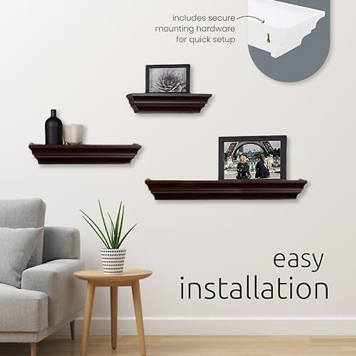 Kiera Grace Madison Classic Crown Molding Floating Wall Shelves, Robust Engineered Wood, Easy Assembly, Ideal for Home Decor, 16", Black, Set of 3