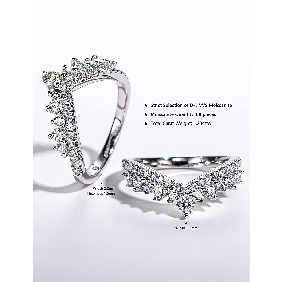 CannyCat 1.23 CTTW Moissanite Ring Enhancers 2 pieces Lab Created Diamond Curved Wedding Bands for Women Platinum Plated Silver Eternity Stacking Rings Wrap Guard for Engagement Anniversary Ring (5.5)