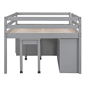 VilroCaz Full Size Low Loft Bed with Retractable Writing Desk and 4 Drawers, Multiple Functions Wooden Loft Bed Frame with Storage Shelves for Kids Teens Boys Girls, Sturdy Slats Support (Grey-AFULL)